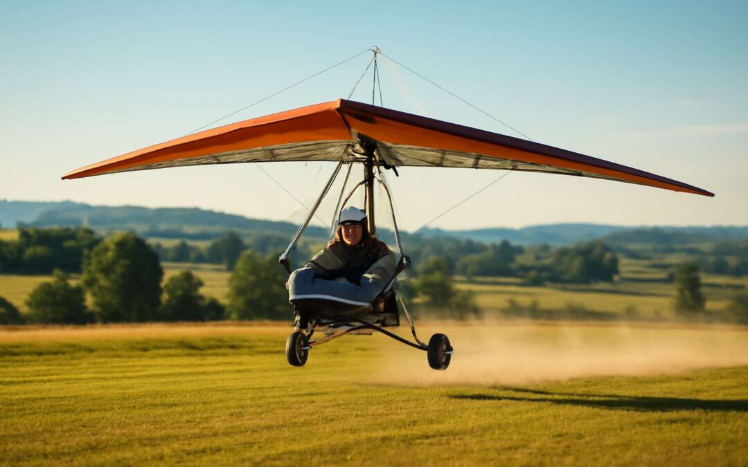 Daring ascent: microlight take off over rugged coast at dawn ...