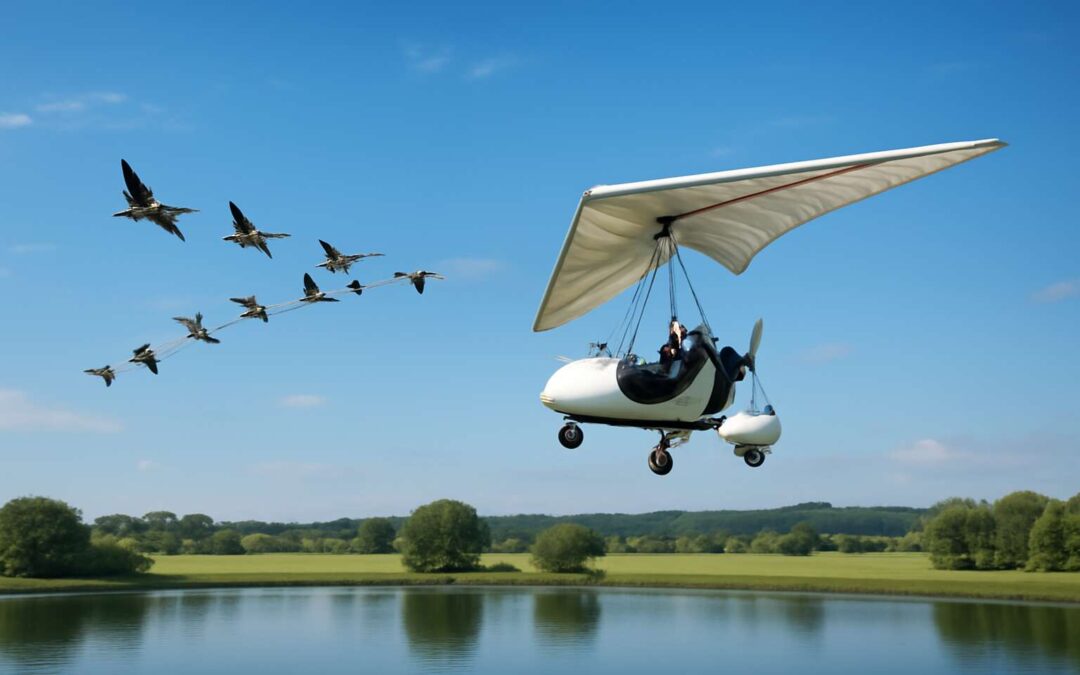 Dawn Wings: microlight flying with geese over a misty valley ...